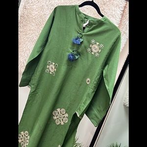 Tops | Ethic Cotton Karandy Embroidered Long Side Cut Kurta With Motif ...